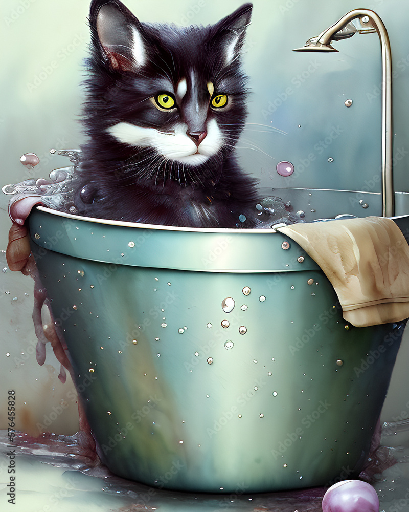 Funny little taking a soapy bubble bath in tub. Cartoon illustration ...