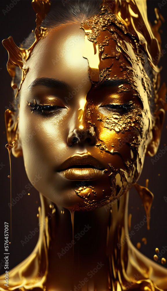 The skin of a golden woman. Beauty fashion model girl with golden ...