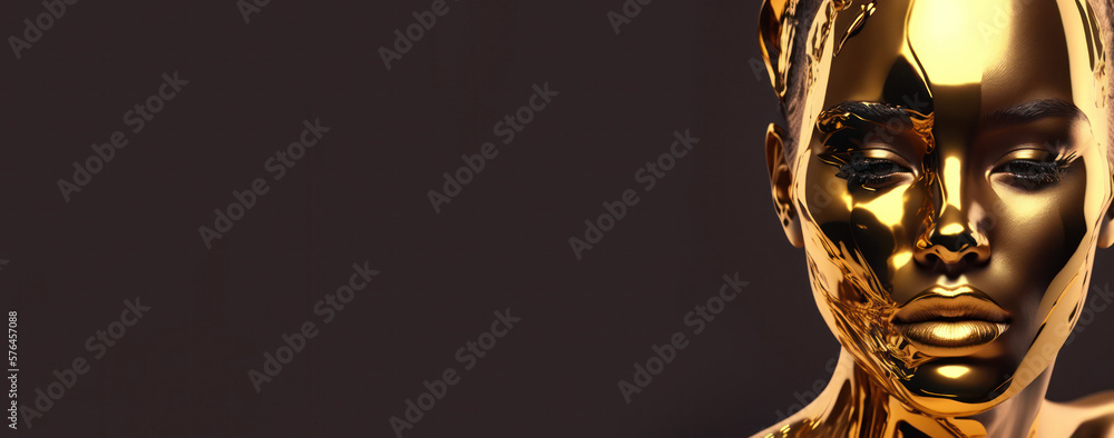 The skin of a golden woman. Beauty fashion model girl with golden ...