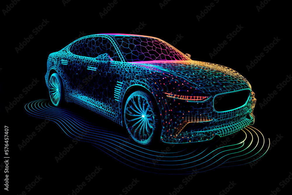 Digital futuristic car concept. Smart car made from colorful meshes on ...