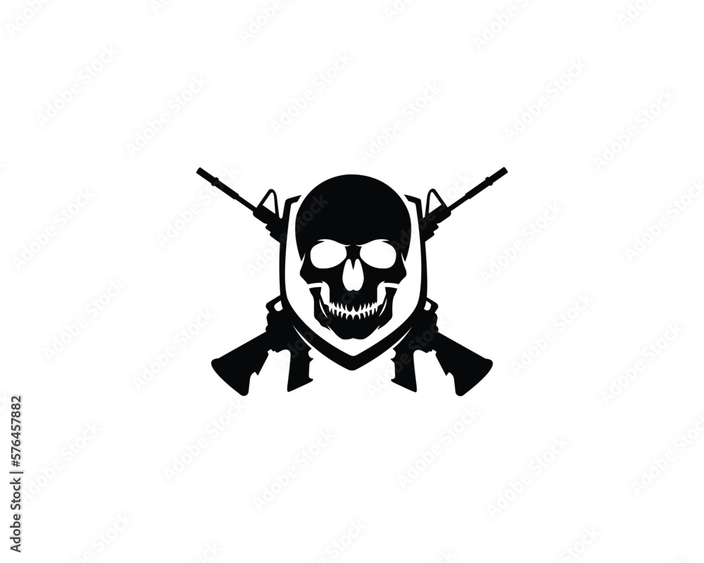 human skull with crossed Gun shield logo design. Pirate, Warrior ...