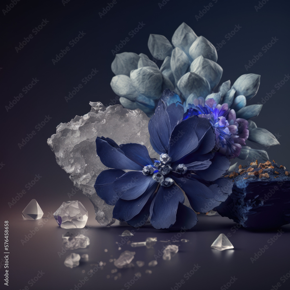 indigo petals and quartz crystals background for cosmetic products ...