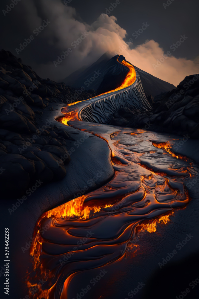 Rivers of lava flowing down a hill, Generative AI. Erupting volcano ...