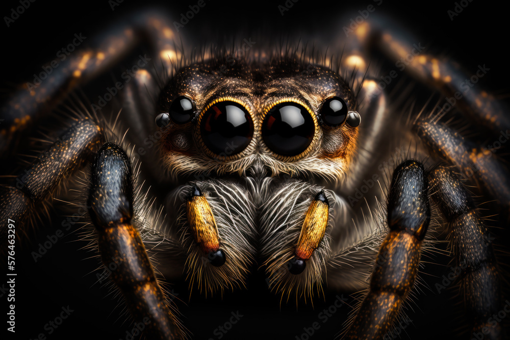Small spider close up portrait on black background. Eyes of spider ...
