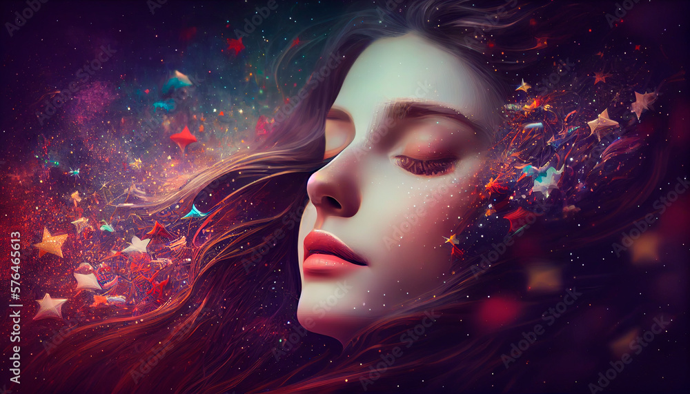 Abstract woman dream decorated by harmony and endless colors of star in ...