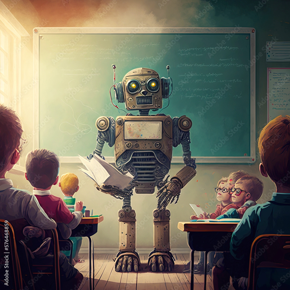 Robot teacher in a classroom with kids, teaching. AI in school ...