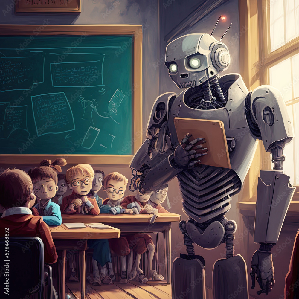 Robot teacher in a classroom with kids, teaching. AI in school ...