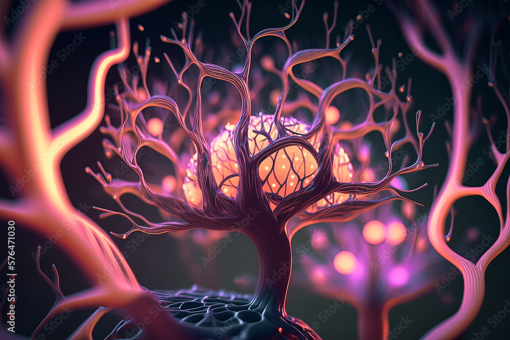 Neuron cells with glowing link knots. Neurons in brain on with focus ...