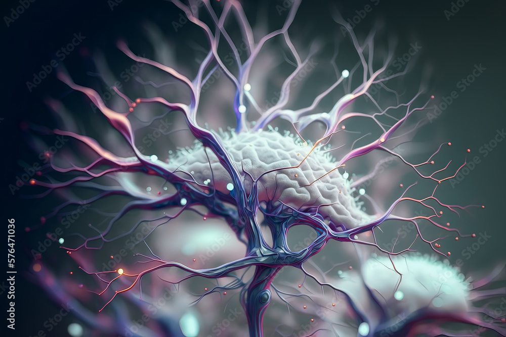 Neuron cells with glowing link knots. Neurons in brain on with focus ...