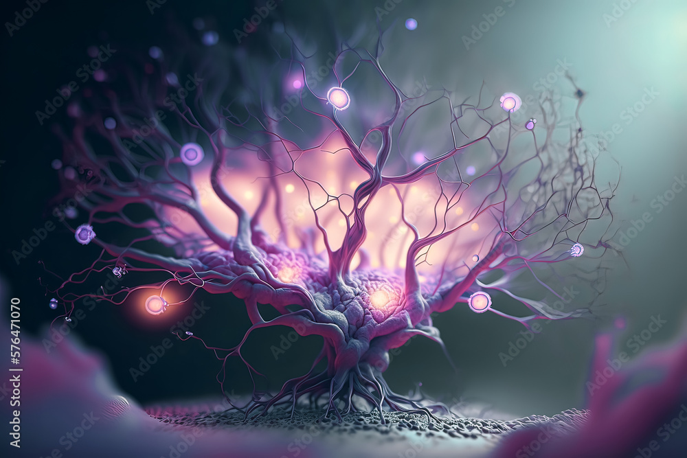 Neuron cells with glowing link knots. Neurons in brain on with focus ...