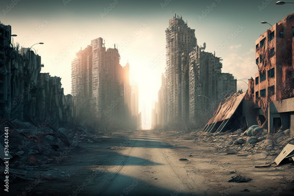 Apocalyptic view of destroyed city buildings, post apocalypse after ...