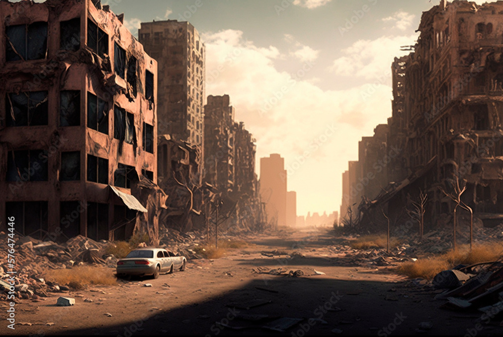 Apocalyptic view of destroyed city buildings, post apocalypse after ...