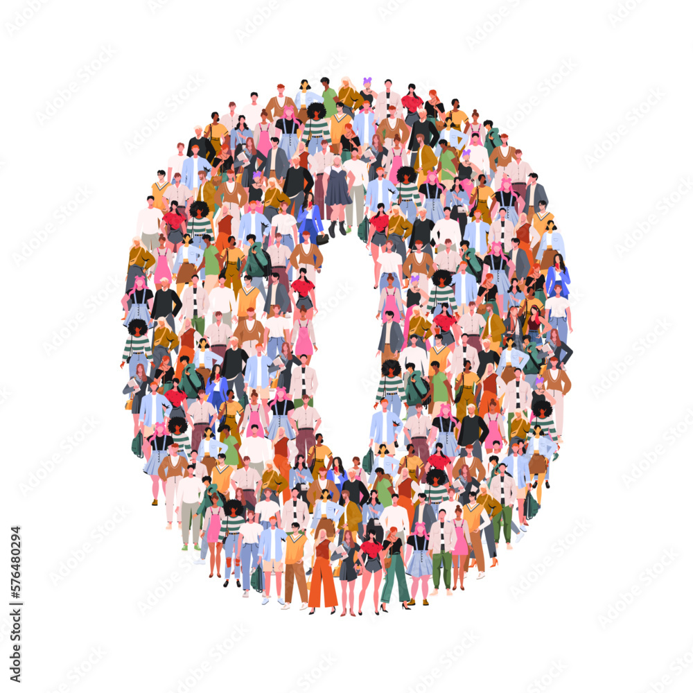 Large group of people in number 0 zero form. Numbers made of people. A ...