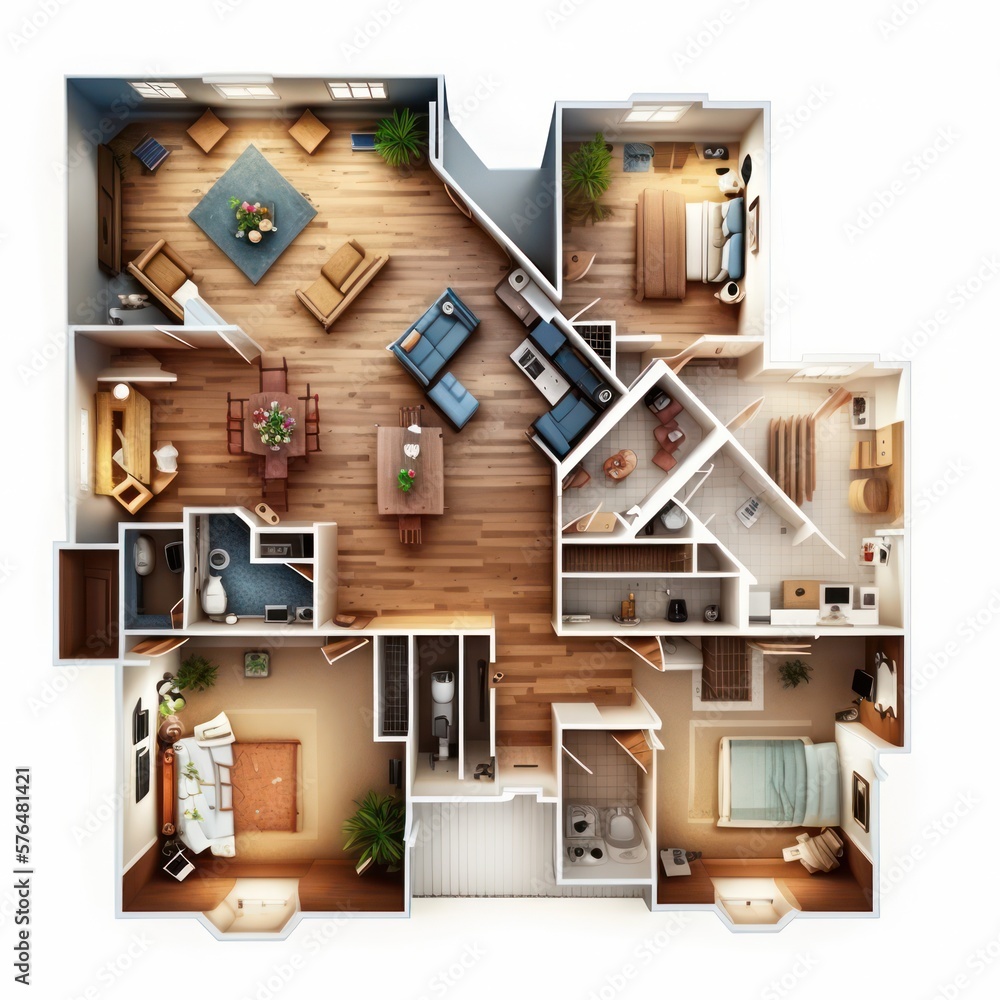 Detailed illustration of a furnished lived-in single family home floor ...