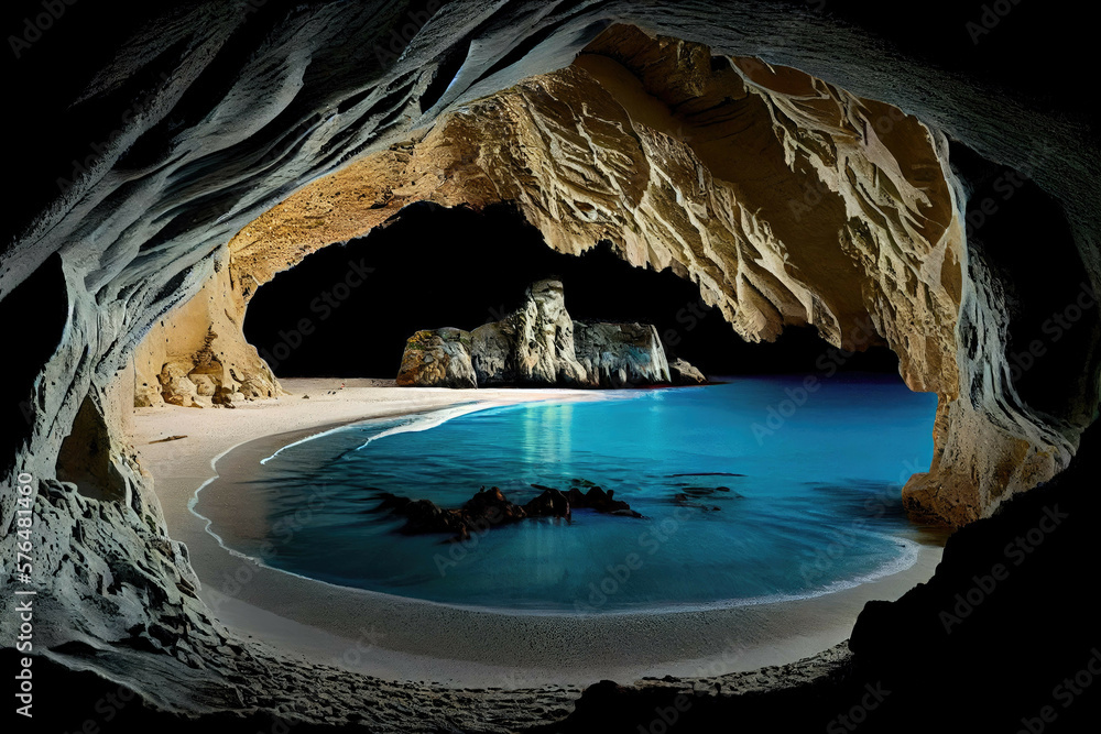 a beach with a cave, with its mysterious entrance leading to a hidden ...