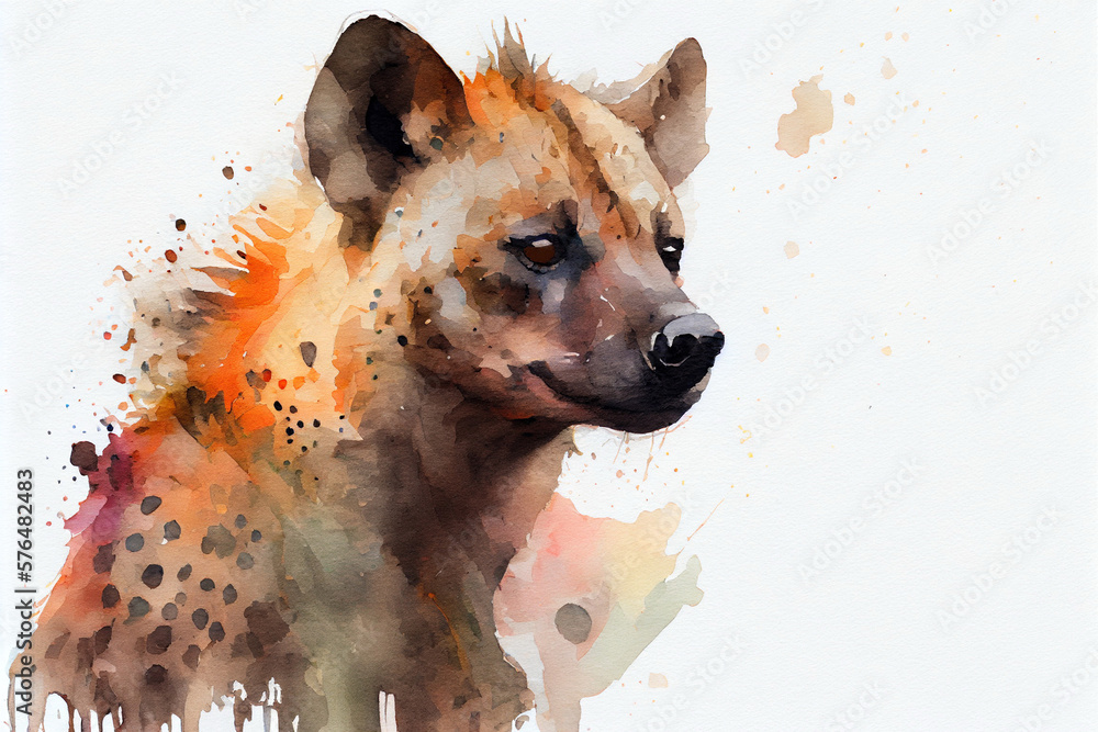 Portrait of a spotted hyena, also known as a laughing hyena. Watercolor ...