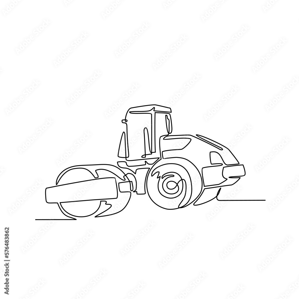 One continuous line drawing of vibro roller in the construction project ...