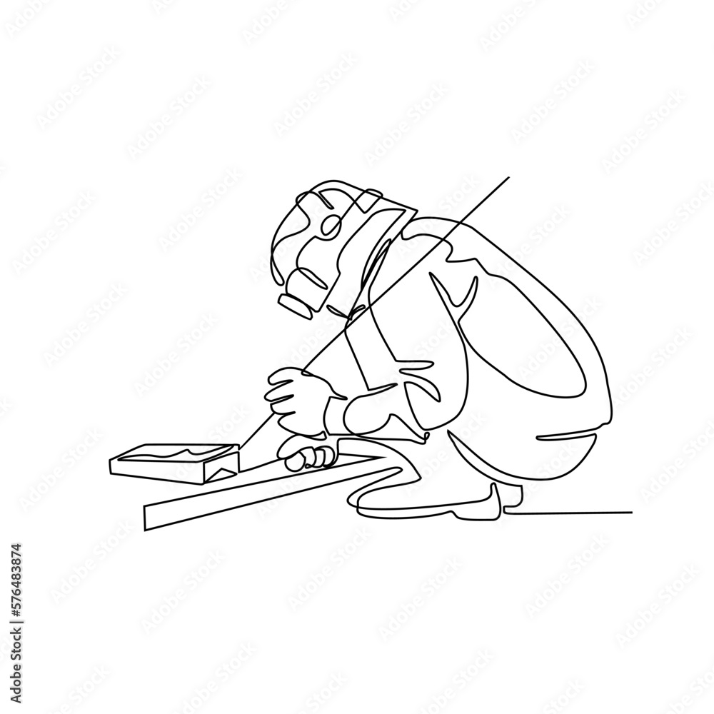 One continuous line drawing of a welder using welding machine in the ...