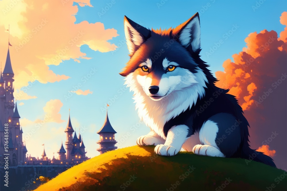 Mystery wolf in forest. Colorful magic wolf, cartoon style painting ...