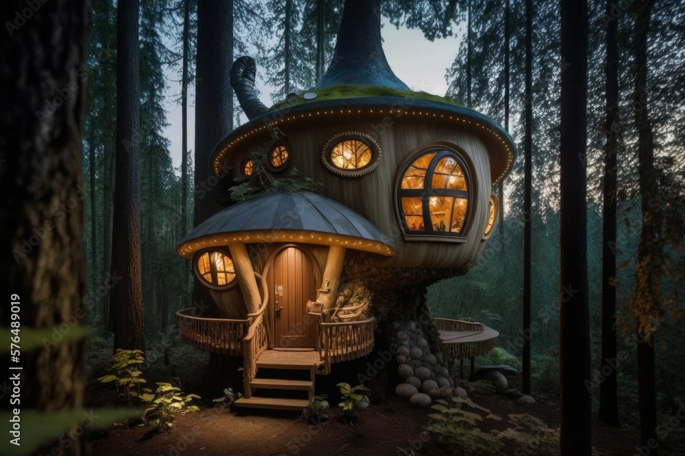 Bokeh-enhanced Lifelike Design of Whimsical Treehouse with Mushroom Cap ...