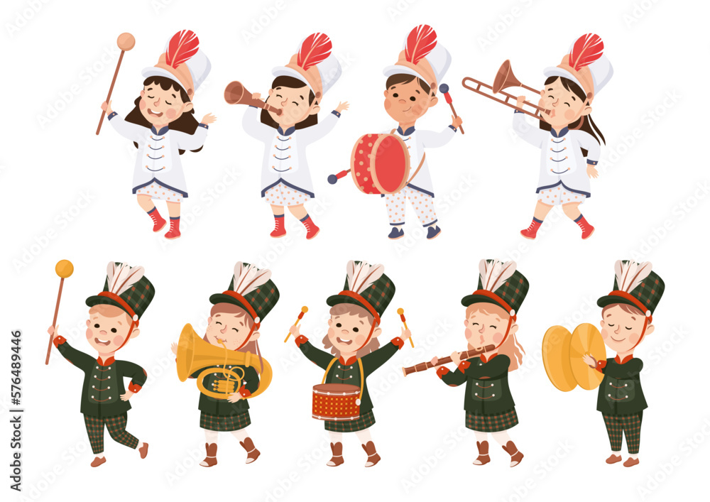 Set of boys and girls in traditional costumes playing different musical ...