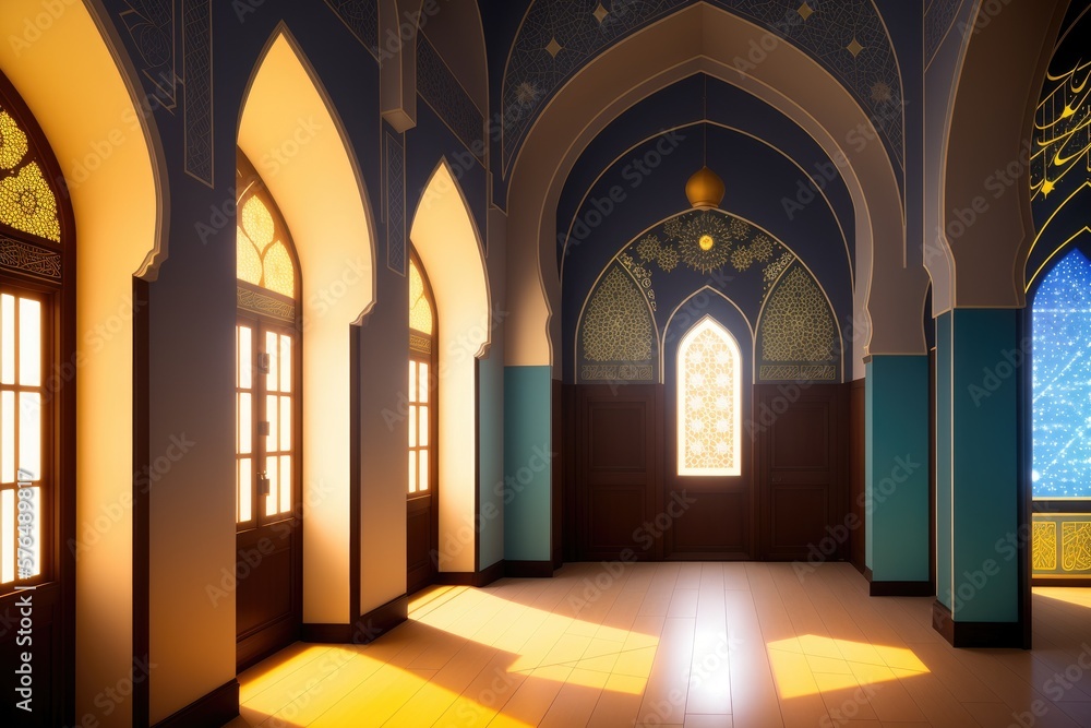 Islamic background painting. Mosque and shadows. Light rays from mosque ...