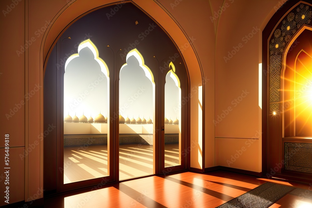 Islamic background painting. Mosque and shadows. Light rays from mosque ...