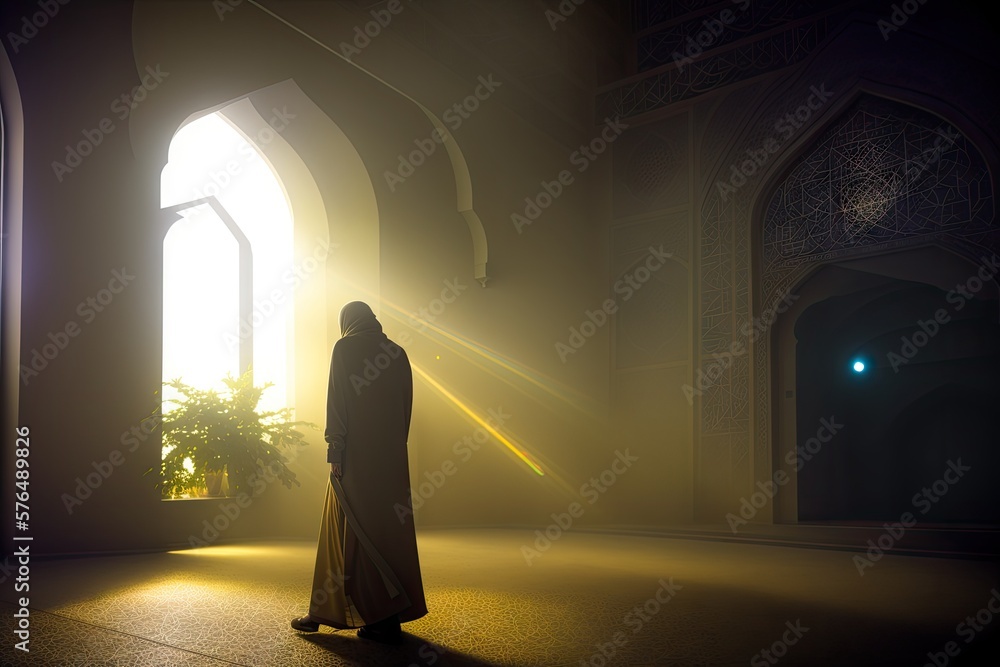 Islamic background painting. Mosque and shadows. Light rays from mosque ...