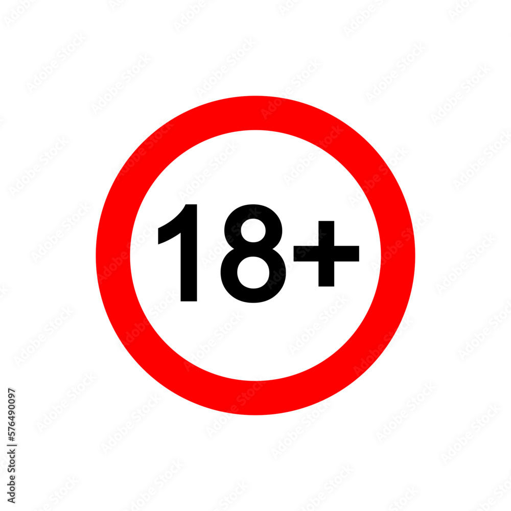 Eighteen plus icon. Number 18 in red circle isolated on white ...