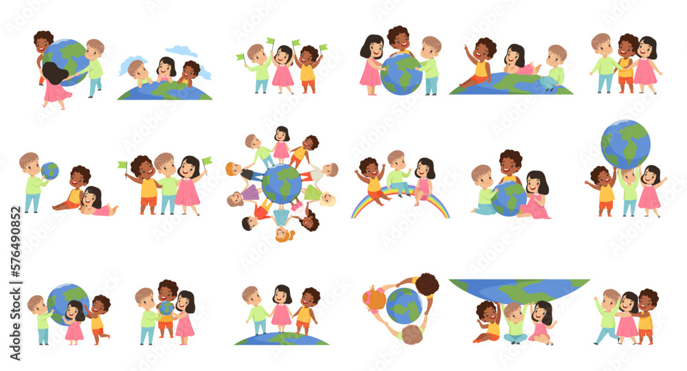 Happy multiracial kids standing together on Earth planet holding hands ...