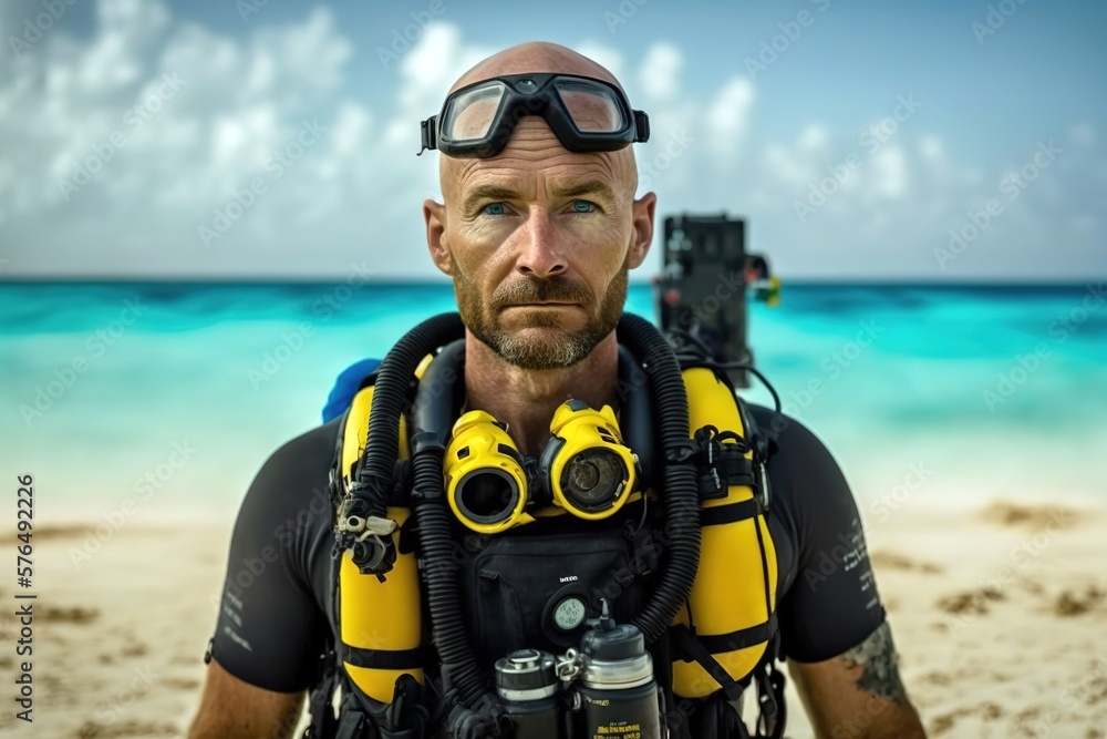 Professional scuba diving instructor at the beach. Posing looking at ...