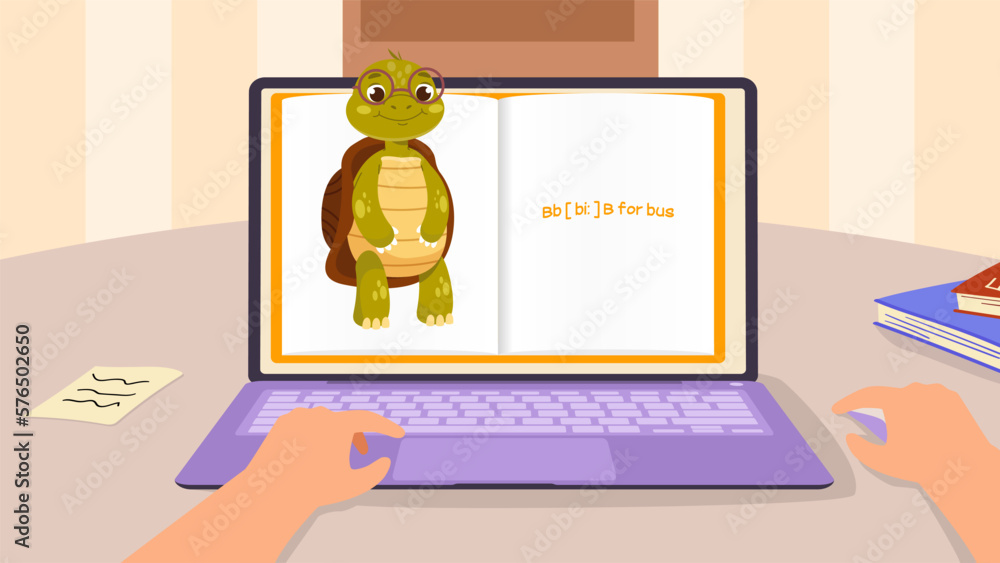 Learning English alphabet concept. Smart professor turtle on laptop ...