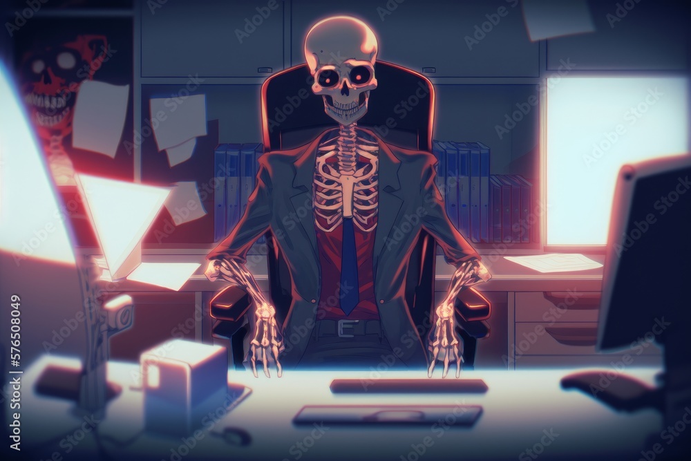 Exhausted Skeleton in Anime Office Environment, generative ai Stock ...
