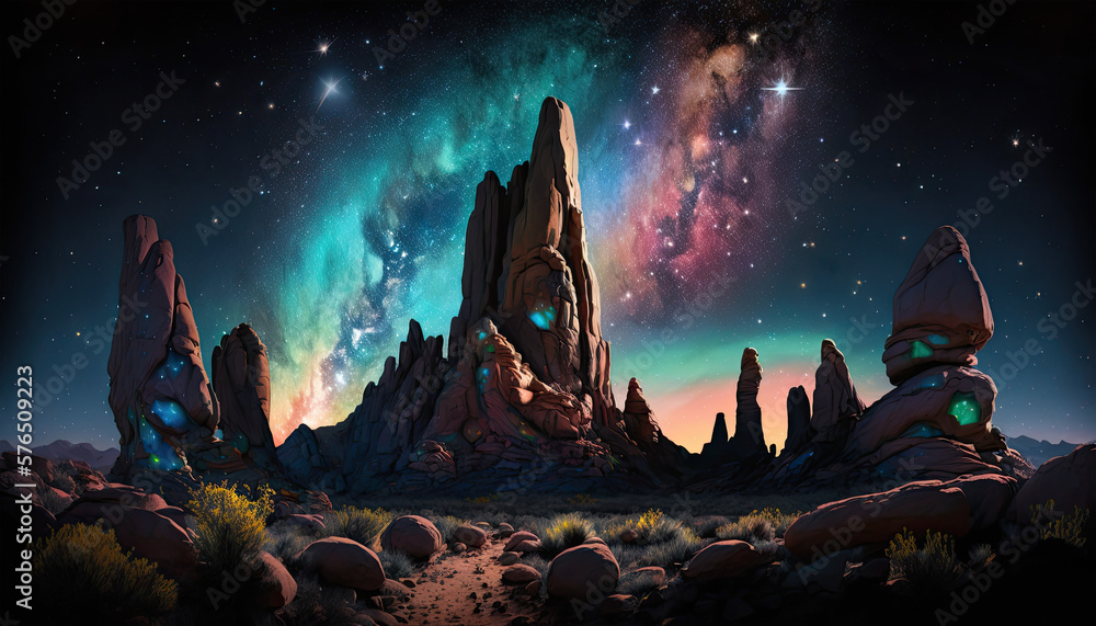 An otherworldly landscape with strange rock formations, colorful ...