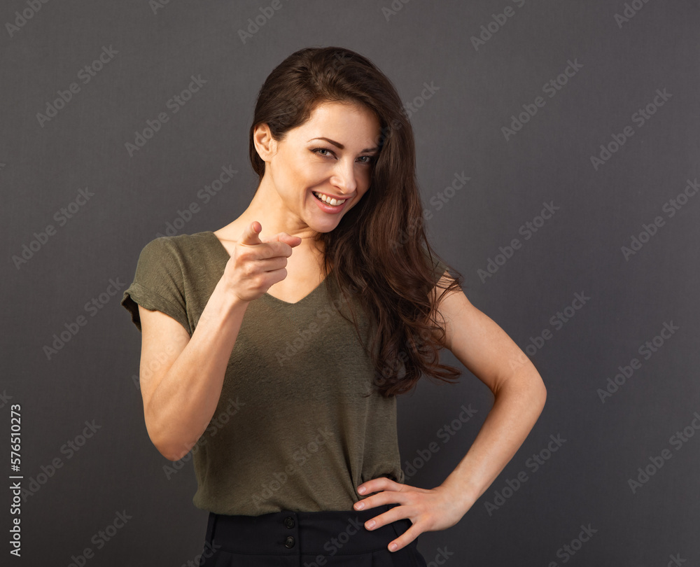Beautiful confident excited smiling business woman showing the finger ...