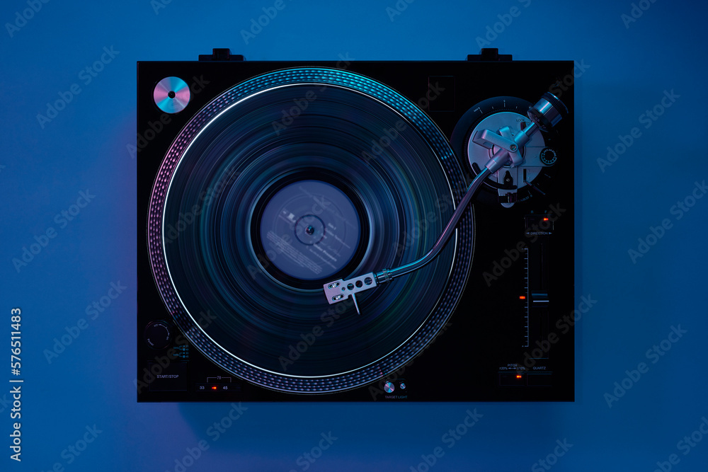 Record Player Overhead View with Vinyl Record Spinning and Night Time ...