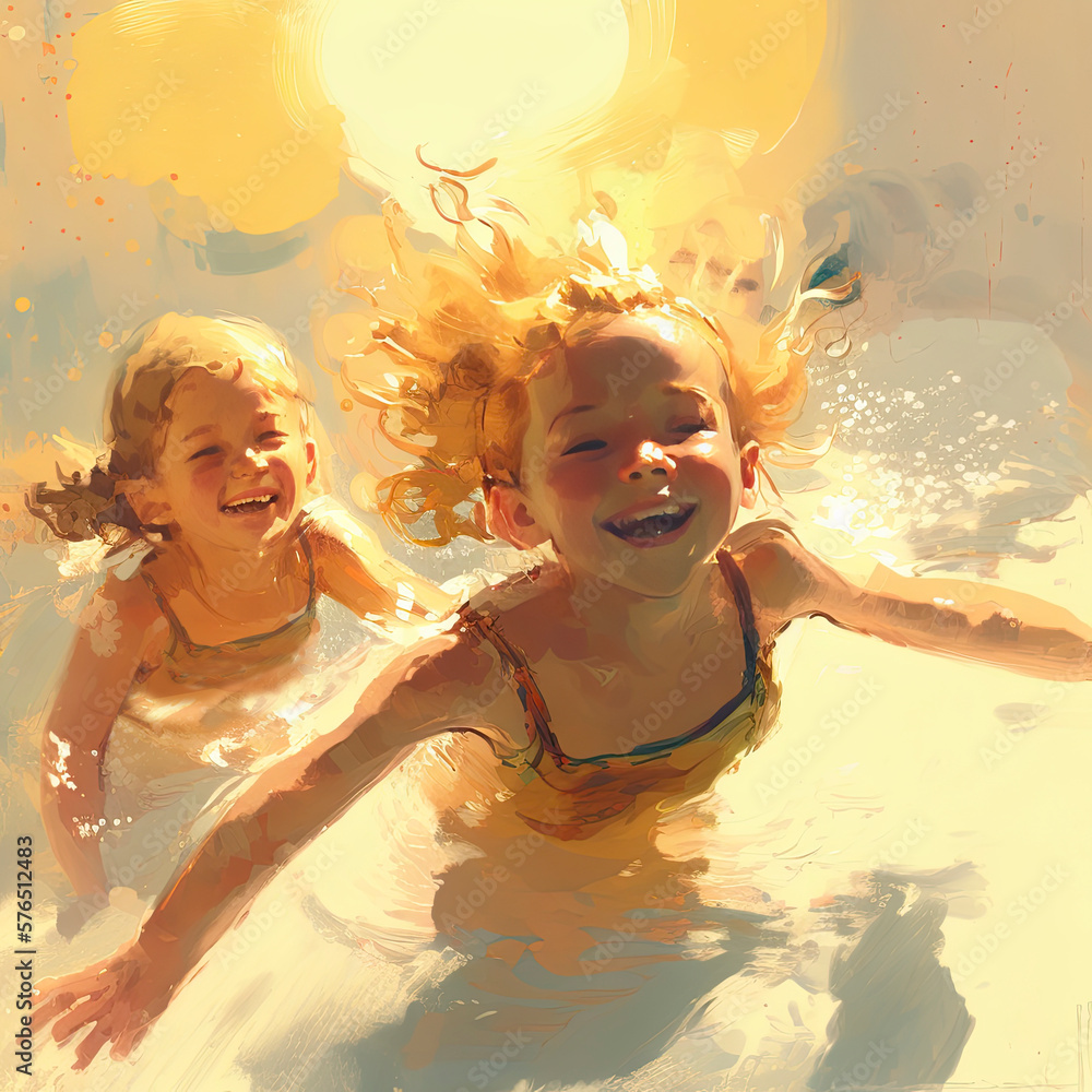 Bright colorful watercolor of sunlit kids playing in water created with ...