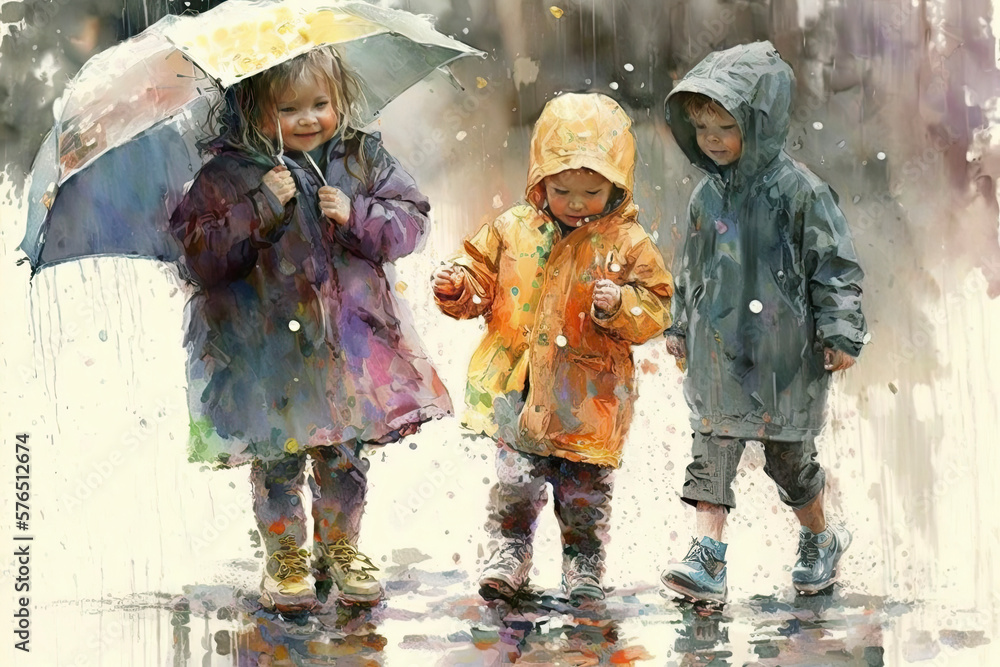 Watercolor Of Happy Kids Playing In Rain Puddles Created With watercolor-of-happy-kids-playing-in-rain-puddles-created-with
