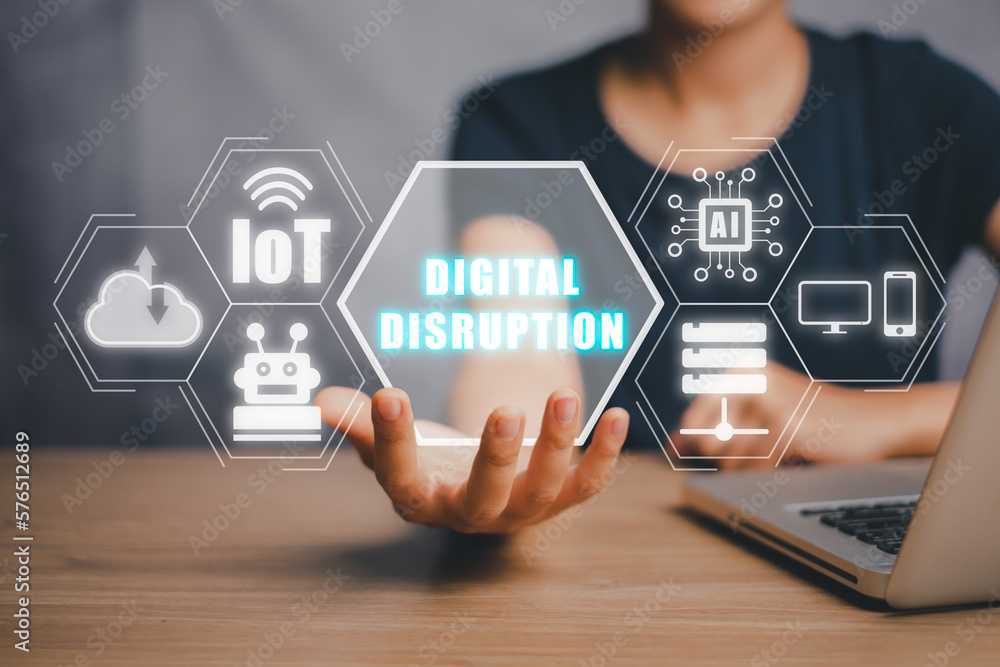 Digital disruption concept, Business person hand holding digital ...