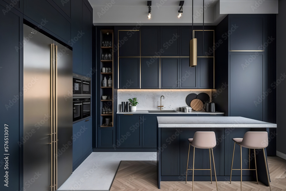 a modern kitchen with a sleek and sophisticated design. The dark blue ...
