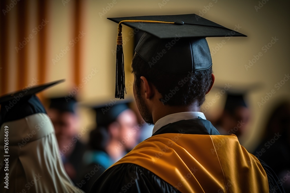 Back view of graduated boy in graduation ceremony. Focus on foreground ...