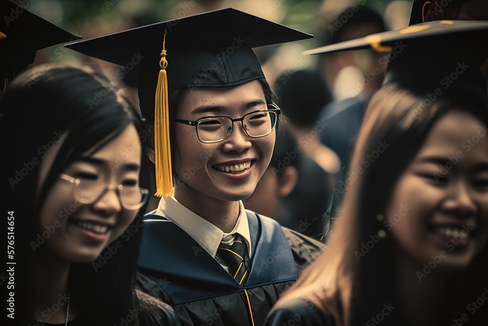 Happy Asian boy wearing cap and gown in his graduation ceremony ...