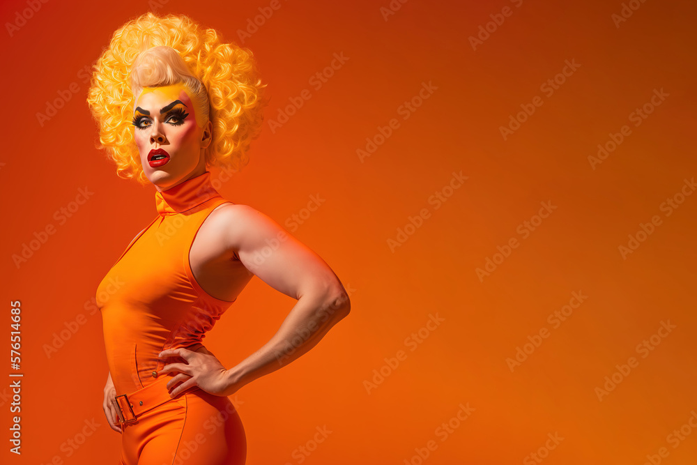 Drag queen posing over orange background studio shot with copy space ...
