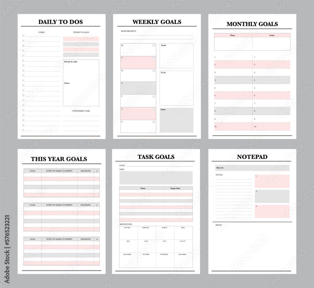(Pink) 6 set of Daily, Weekly, Monthly Yearly, Goal, Note Planner ...