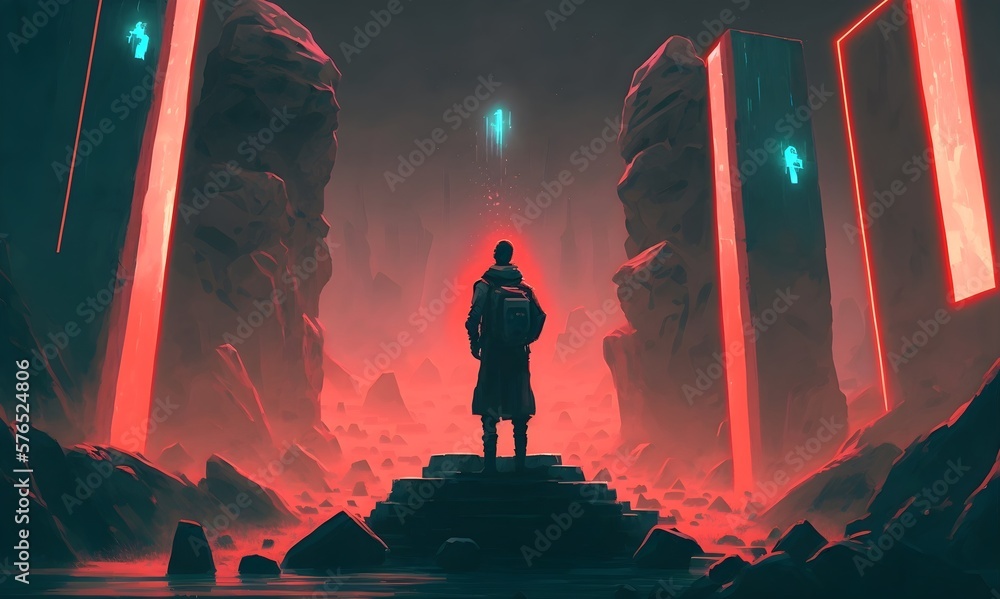 man standing at the sacred stones and looking at the red light in front ...