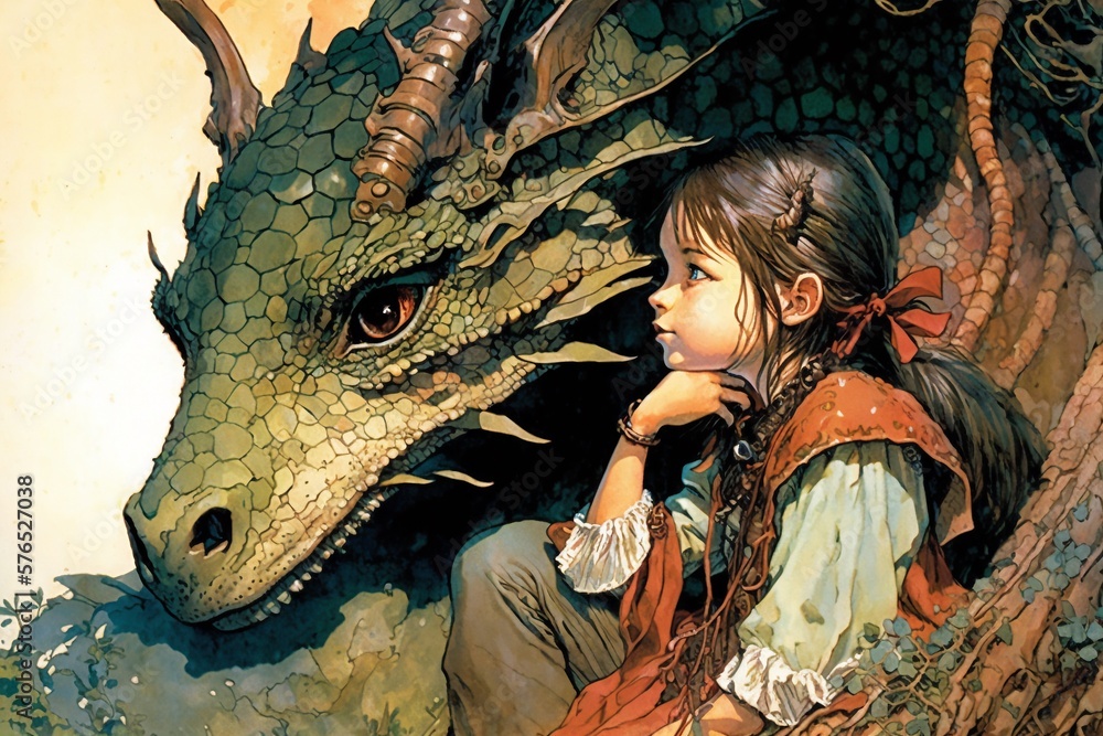 Storybook Style Illustration a Young Girl and Her Dragon Friend ...