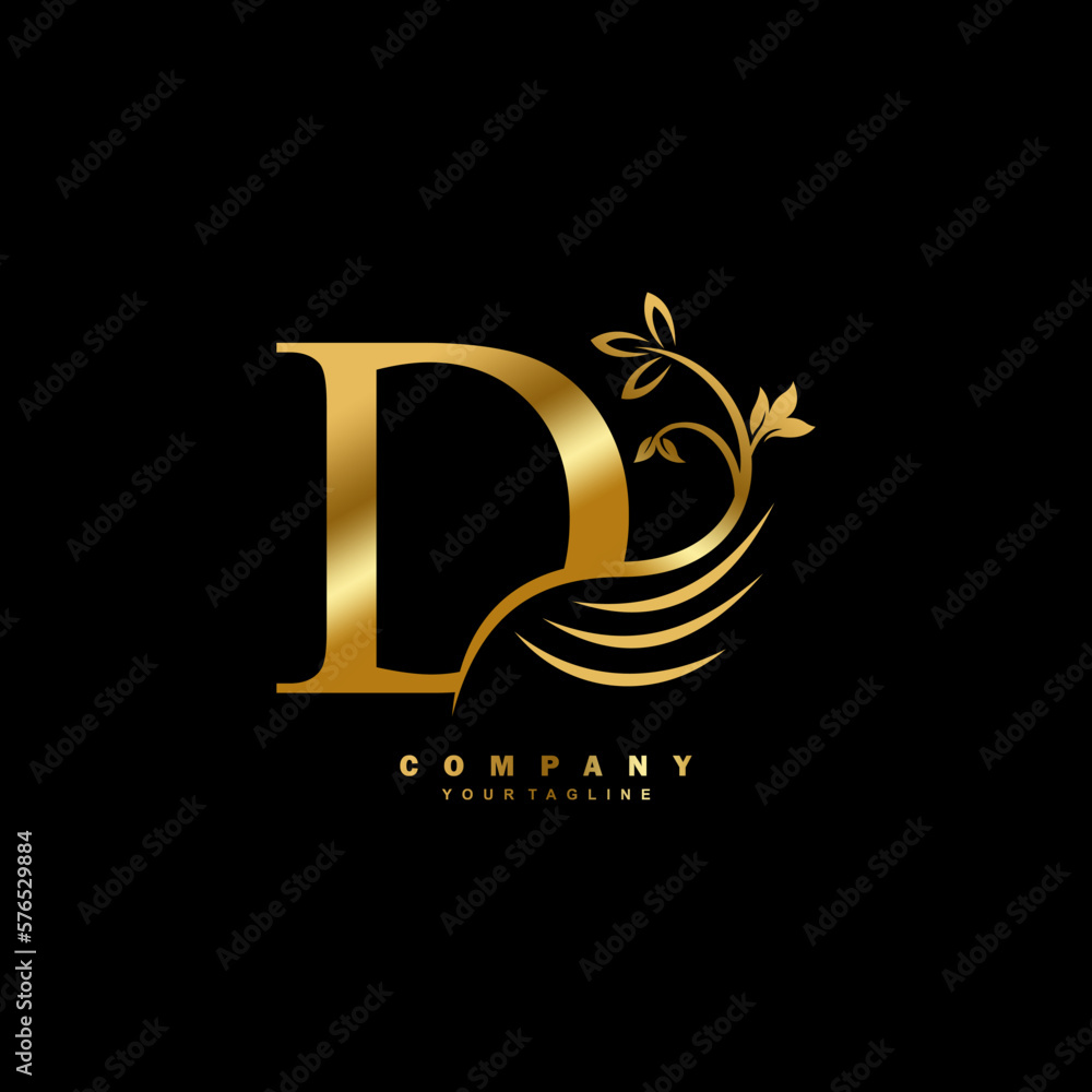 Gold luxury E letter logo with beautiful floral and feather ornament ...
