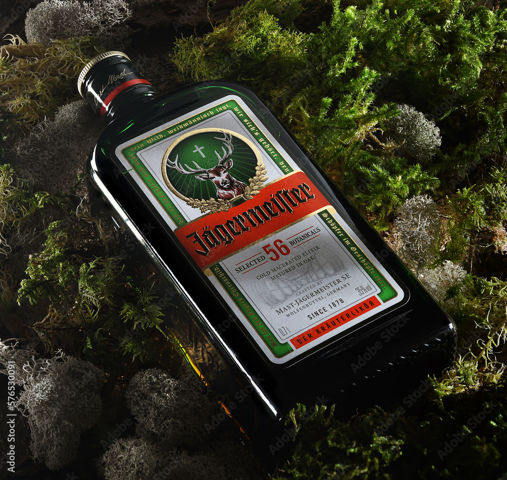Jagermeister liqueur on the background of forest moss the perfect ...