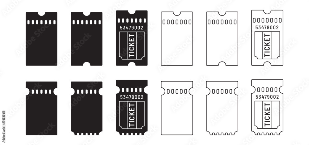 Ticket icon set. Movie theatre ticket with stub line icons. Raffle ...
