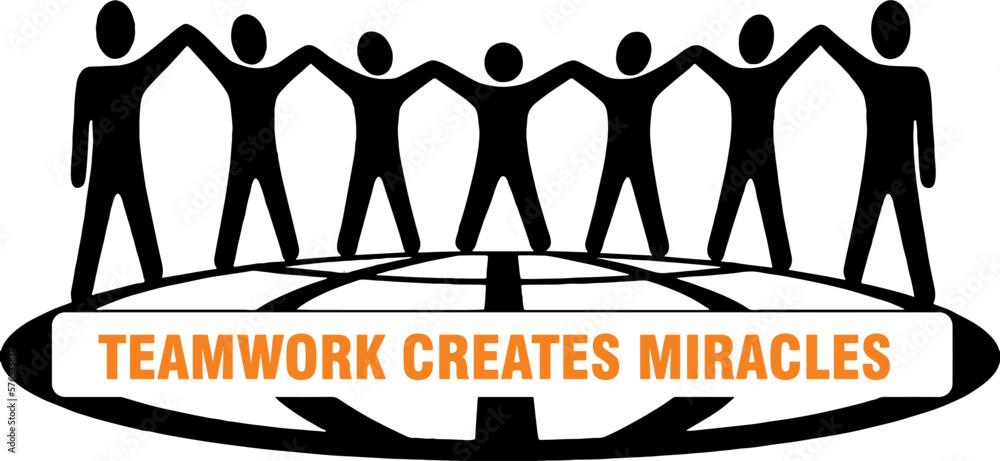 Teamwork creates miracles.Team members joining hands, appreciation card ...